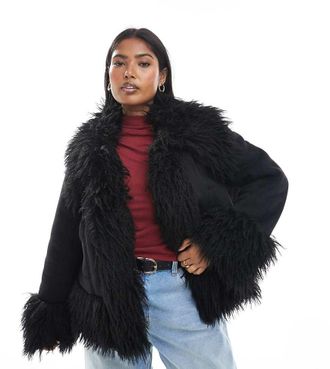 Asos Curve ASOS DESIGN Curve - Penny Lane - Manteau avec bordures en fausse fourrure - Noir
