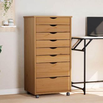 vidaXL Rollschrank mit Schubladen moss Honigbraun Massivholz Kiefer - Vidaxl
