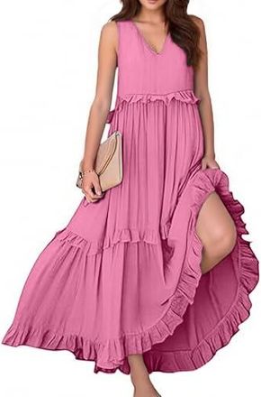 Generic Robe boh&egrave;me 2026 pour femme, col sans manches avec plis superpos&eacute;s, coupe ample et jupe longue fluide, &eacute;l&eacute;gante et d&eacute;contract&eacute;e, plage, rose, XXL