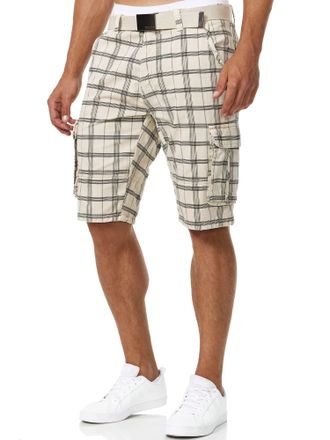 Indicode Herren Blixt Cargo Shorts mit 6 Taschen und G&uuml;rtel aus 100% Baumwolle | M&auml;nner Fog Check, S