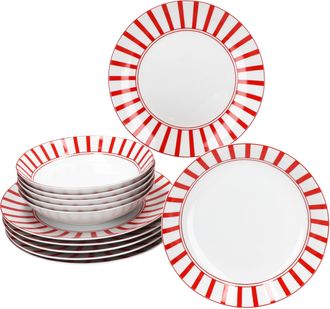 MamboCat Split rot 12tlg Tafelservice I weißes Porzellan-Geschirr mit Streifen für 6 Personen I 6X Suppenteller & 6X Speiseteller für Frühstück, Mittag & Abend