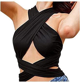 Generic Débardeur de sport sans manches pour femme, dos nu, dos nu, à volants, bretelles spaghetti, Noir, L