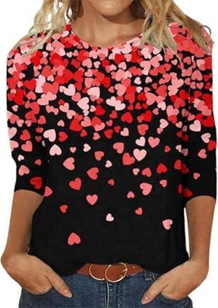 Generic T-shirt d&eacute;contract&eacute; &agrave; col rond et manches trois-quarts imprim&eacute; pour la Saint-Valentin 2026, Rouge, XXL