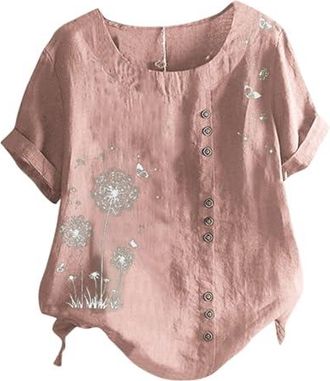 Generic Chemise en lin pour femme - Col rond - Imprim&eacute; floral et papillon - Tunique &agrave; manches courtes - T-shirt ample et confortable - Pour les vacances et la
