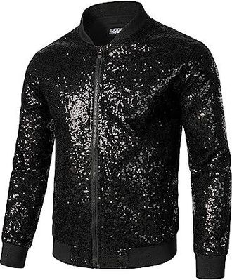 JOGAL Veste à paillettes métallisées pour homme, style années 70, pour baseball, discothèque, discothèque, fête, costume, Noir, XXL