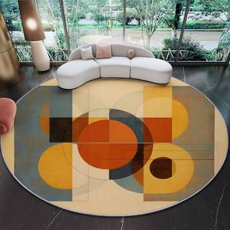 Generic Tapis Rond à Motif Minimalisme Cercles Lignes Géométrie, Jaune Moutarde Tapis Rond Lavable et Antidérapant, 100 cm Moquette Doux à Imprimé pour Cuisin