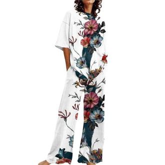 Generic Tenues d&eacute;t&eacute; pour Femmes, Ensemble 2 Coton et Lin, t-Shirt surdimensionn&eacute;, Pantalon &agrave; Jambe Droite, surv&ecirc;tement Grande Taille Robe Longue Satin Femme N