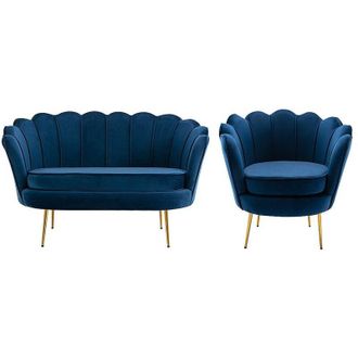 Vente-Unique Pascal Morabito - Canap&eacute; 2 places et fauteuil coquillage en velours bleu nuit dandelion de