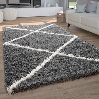 Paco Home Hochflor Teppich Wohnzimmer Shaggy Langflor Skandinavisch Rautenmuster Modern, Grösse:120x170 cm, Farbe:Anthrazit