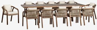 Sklum Set aus rechteckigem Tisch 200-260-320x100 cm ausziehbar und 12 Gartenst&uuml;hlen mit Armlehnen aus Akazienholz Dubai Akazienbraun dunkel