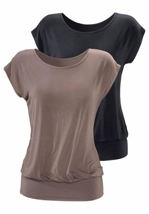 Lascana Longshirt LASCANA mit breitem Bund, Damen, Gr. 40/42, grau (taupe, schwarz), Obermaterial: 95% Viskose (LENZING ECOVERO), 5% Elasthan, unifarben, bequ