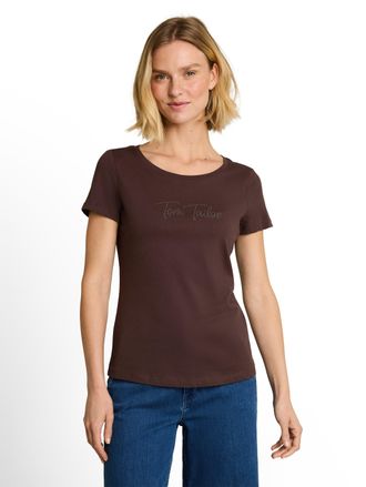 Tom Tailor Kurzarmshirt TOM TAILOR, Damen, Gr. XXL, braun (java schwarz braun), Single Jersey, Obermaterial: 100% Baumwolle, unifarben, regular fit h&uuml;ftbedeckend
