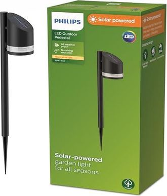 Philips Outdoor Solar Fyve Sockelleuchte Spiess 1,5W, Tageslichtsensor, 2700 Kelvin, IP44 wetterfest, schwarz