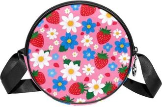 Generic Sac &agrave; bandouli&egrave;re rond pour femme, motif fraises, fleurs, petit sac &agrave; bandouli&egrave;re avec fermeture &eacute;clair, bretelles r&eacute;glables, sac &agrave; main rond d&eacute;contra