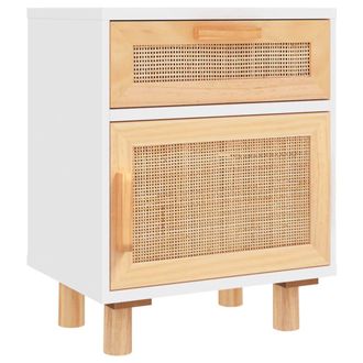 Generic vidaXL Nachttisch 1 Schublade 1 Fach Nachtschrank Nachtkonsole Nachtkommode Schlafzimmer Schrank Kommode Wei&szlig; Massivholz Kiefer Natur-Rattan