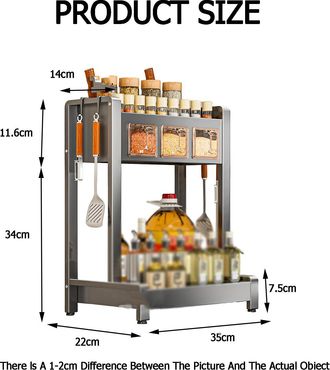 Generic Doppelschichtiges Gewürzregal for die Arbeitsplatte, mit abnehmbaren Haken, vertikales Küchenregal aus Kohlenstoffstahl, geeignet for Schrankarbeitspl