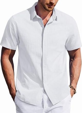Coofandy Chemise Homme Manches Courtes Coton &Eacute;t&eacute; Chemise Casual Homme Plage Vacances Confort Respirante avec Boutons Cach&eacute;s Blanc 3XL