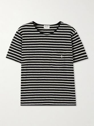 Saint Laurent T-shirt En Jersey De Coton &Agrave; Rayures Et &Agrave; Broderie - Noir