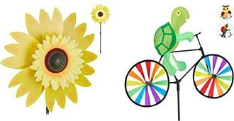 Relaxdays Windrad Blume, Deko Sonnenblume, für Kinder, für Balkon, Terrasse und Garten, 70 cm hoch, gelb & Windrad Schildkröte, Gartenstecker in tierischem Desi