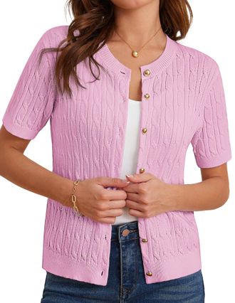 Grace Karin Damen Kurzarm Cardigan Elegante Sommer Strickjacke Bolero Top mit Rundhals Zopfmuster Stricktop Hellrosa L