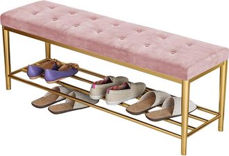 Generic Schuhaufbewahrungsbank Aus Samt Mit Goldenem Metallrahmen for Schlafzimmer, Eingangsbereich, Wohnzimmer, Gepolstert, Platzsparend(Pink,100 x 30 x 45 c