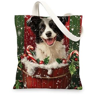 Generic Sac fourre-tout en toile de No&euml;l motif Border Collie pour faire du shopping, 33 x 38,1 cm, sac d&eacute;picerie r&eacute;utilisable pour femme, peinture danimaux do