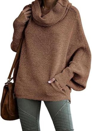 Generic Pull Femme Taille Large Col Drap&eacute; - Manches Lanternes Trico L&eacute;ger avec Poches, Haut D&eacute;contract&eacute;(Camel,XX-Large)