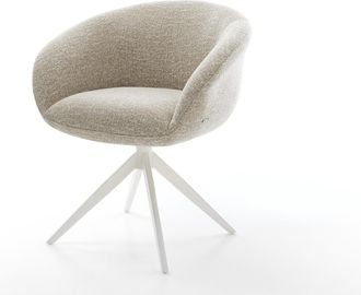 DELIFE Drehstuhl Vinka-Flex mit Armlehnen Webstoff Soft Beige Kreuzgestell breit Weiß 360° drehbar Wippfunktion Taschenfederkern, Esszimmerstühle