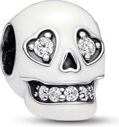 Pandora Pandora Moments Charm Crâne en argent sterling avec zircones cubiques transparentes et émail blanc phosphorescent