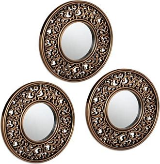 Relaxdays Spiegel 3er Set, runde Zierspiegel, &Oslash; 25 cm, Wohnzimmer, Schlafzimmer, Flur, Dekospiegel Vintage, Gold-schwarz