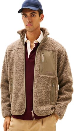 Tommy Hilfiger Herren Sweatshirt mit Reißverschluss Teddy Fleece Zip Through mit Stehkragen, Beige (Coastal Taupe), XXL