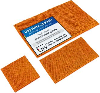 WohnDirect Badematten Set 3 teilig Orange - WC Vorleger (45x45cm), Badematte (50x80cm,70x120cm) - rutschfest waschbar Badezimmerteppich OHNE WC-Ausschnitt