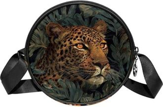 Generic Petit sac &agrave; bandouli&egrave;re rond pour femme, motif &agrave; pois et feuilles de l&eacute;opard avec fermeture &eacute;clair et bretelles r&eacute;glables