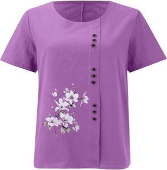 Generic Haut ample d&eacute;contract&eacute; &agrave; manches courtes et col rond en lin pour femme, chemisier d&eacute;t&eacute; &agrave; motif floral pour la plage, les vacances et les voyages, viol