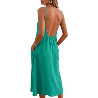 Generic Robe d&eacute;t&eacute; l&eacute;g&egrave;re mi-longue &agrave; bretelles spaghetti et dos profond pour femme, robe trap&egrave;ze d&eacute;contract&eacute;e boh&egrave;me pour femme, en coton doux, sans manches, 