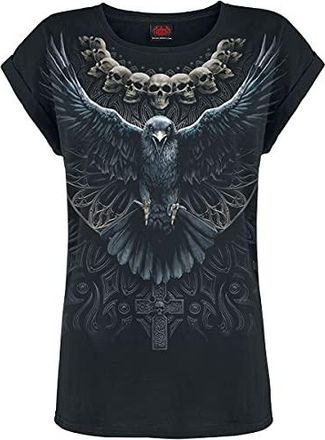 Spiral Raven Skull Femme T-Shirt Manches Courtes Noir L 100% Coton Regular/Coupe Standard