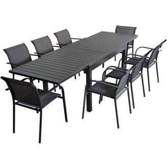 Sweeek Ausziehbarer Gartentisch, 8 Sessel, Aluminium und Textilene