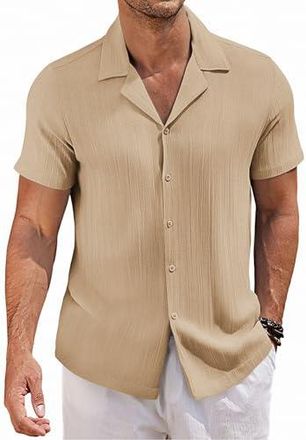 Coofandy Chemise à manches courtes pour homme - Col cuban - Chemise hawaïenne à manches courtes - Chemise rayée Guayabera, Café léger, XXL