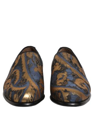 Dolce & Gabbana Blue Brocade Slip On Men Dress Loafers Shoes Leather
