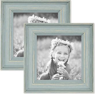 Photolini 2er Set Bilderrahmen Skandinavischer Landhaus-Stil Petrol/Taubenblau 10x10 cm Massivholz mit Shabby-Chic Note/Fotorahmen/Wechselrahmen