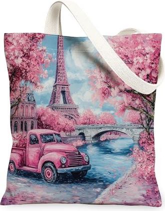 Generic Sac fourre-tout en toile motif de camion de p&ecirc;che, motif floral de Paris, sacs d&eacute;picerie, sacs d&eacute;picerie r&eacute;utilisables, l&eacute;gers et lavables, sacs en to