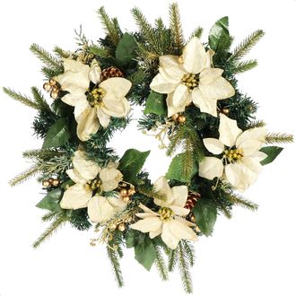 Com-Four Türkranz Weihnachten - Adventskranz mit Zapfen, Blüten und goldfarbenen Kugeln - Dekokranz - Weihnachtsdeko - Tischkranz - Weihnachtskranz (grün/beige