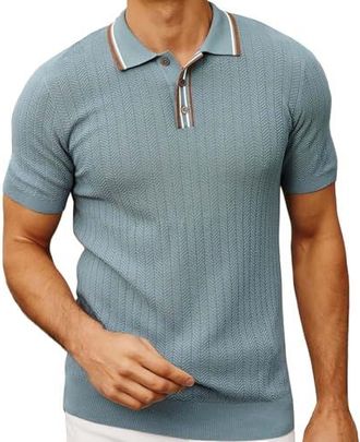 Generic Polo pour homme en tricot textur&eacute; - Coupe ajust&eacute;e - Manches courtes - Style vintage - Boutonn&eacute;, Polo bleu ciel pour homme, L