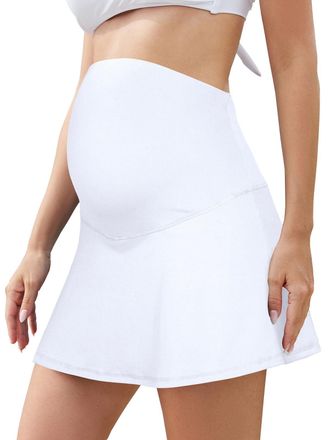 SHEKINI Umstands-Tennis-Golfrock &uuml;ber dem Bauch, A-Linien-Rock mit Taschen, integrierte Shorts, hohe Taille, Sport, Laufrock, wei&szlig;, M