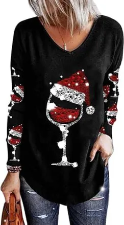 ORANDESIGNE Haut Femme Manche Longue Tee Shirt Col V Tshirt Chic et &Eacute;l&eacute;gant Tunique No&euml;l Fluide Ample Sweat de Noel L&acirc;che Sweatshirt Hiver Christmas Jumper Pullov