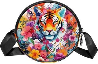 Generic Petit sac &agrave; bandouli&egrave;re rond pour femme, motif fleurs de tigre, sac &agrave; dos &agrave; bandouli&egrave;re r&eacute;glable avec fermeture &eacute;clair, sac &agrave; main rond d&eacute;contract&eacute; po