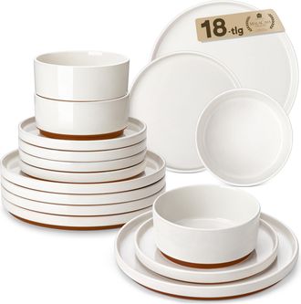 Malacasa Steingut Geschirrset 6 Personen, 18-tlg. Tafelservice mit Sesam Glasur, Keramik Essgeschirr Set mit Senkrechte Stellkante, Sch&uuml;ssel- und Teller Set, W