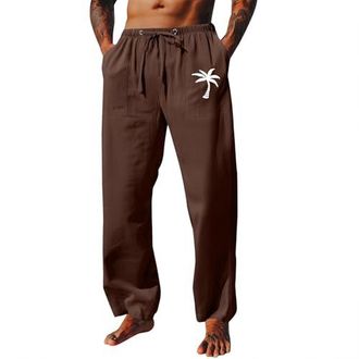Generic Pantalon de plage en lin pour homme - Imprim&eacute; cocotier - Coupe ample - Pantalon hawa&iuml;en - Jambe droite - Pantalon de vacances - Taille &eacute;lastique - Pan