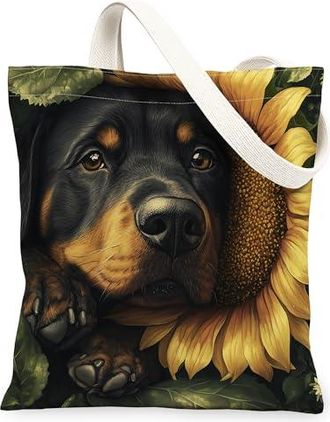 Generic Spring Rottweilers Sac fourre-tout en toile r&eacute;utilisable pour faire du shopping, 33 x 38,1 cm, motif imprim&eacute; de feuilles de tournesol, chiot, sac d&eacute;pi