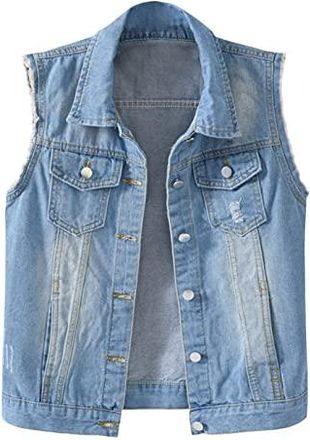 Generic Gilet Sans Manche Femme Gilet Femme D&eacute;contract&eacute; Quotidien Ville En Jean Uni Ample - Veste D&eacute;lav&eacute;e Sans Manches Pour Style Urbain Ou Plage